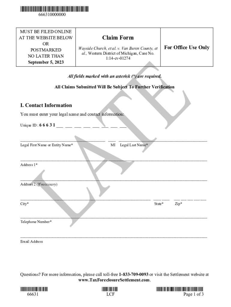 Fillable Online Wayside Church v. Van Buren County LATE Paper Claim ...