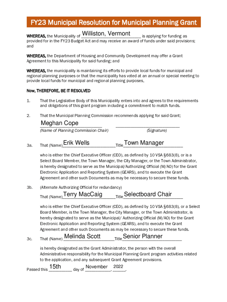 Fillable Online FY23 Municipal Resolution for Municipal Planning Grant ...