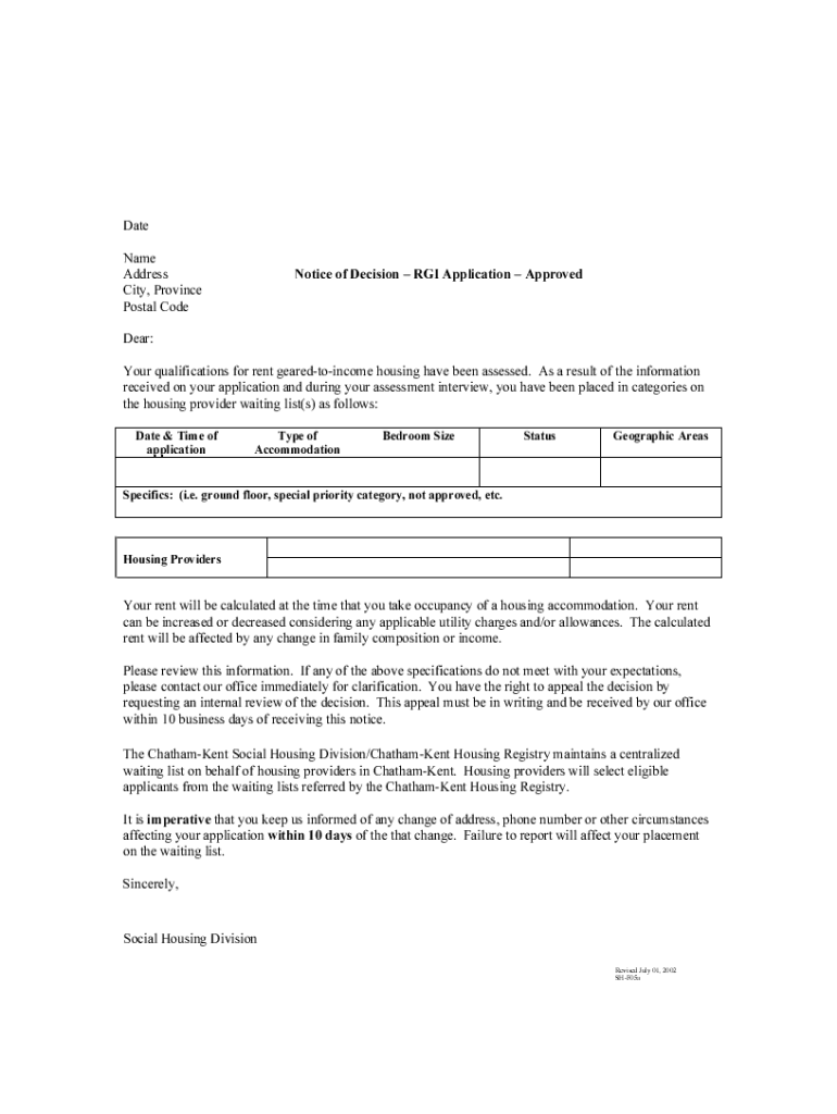 Fillable Online Application for Rent-Geared-to-Income (RGI) Assistance ...