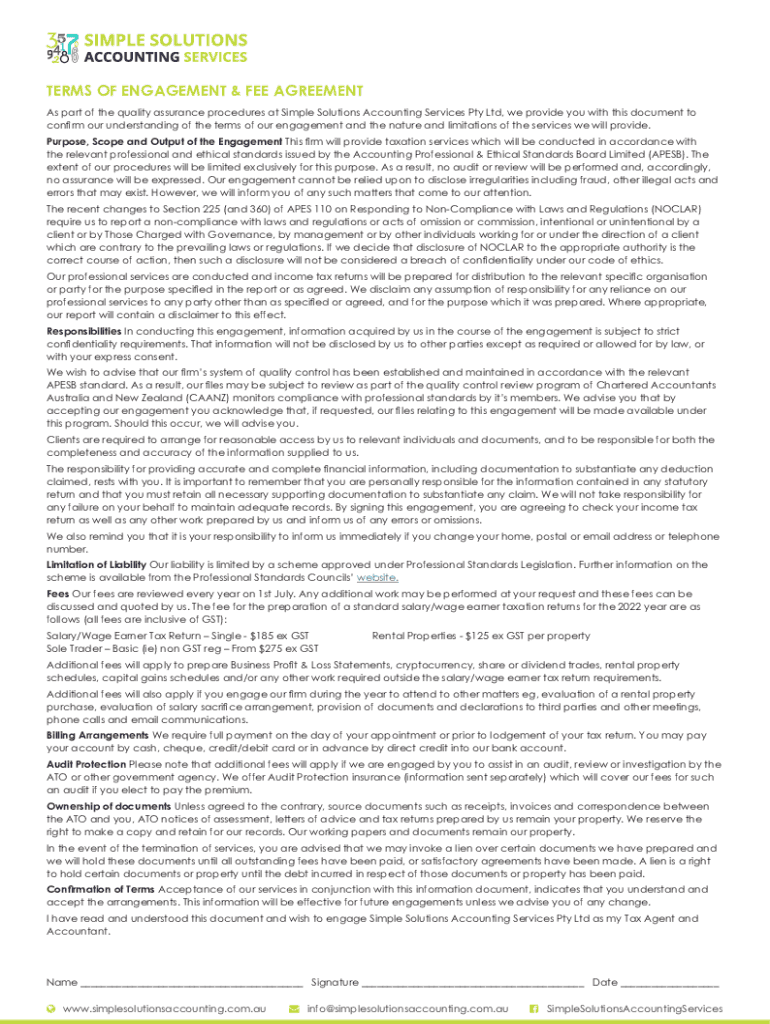 Fillable Online TERMS OF ENGAGEMENT & FEE AGREEMENT Fax Email Print ...