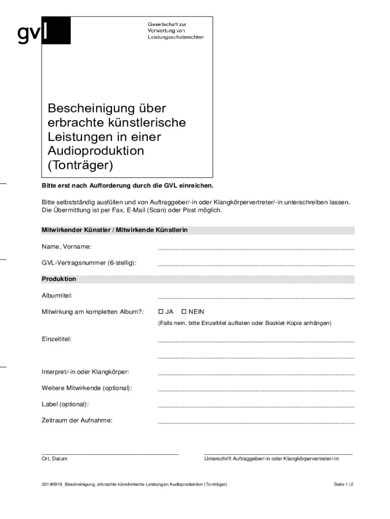 Ausfüllbar Online Bescheinigung ber erbrachte knstlerische Leistungen in ... Fax Email Drucken ...