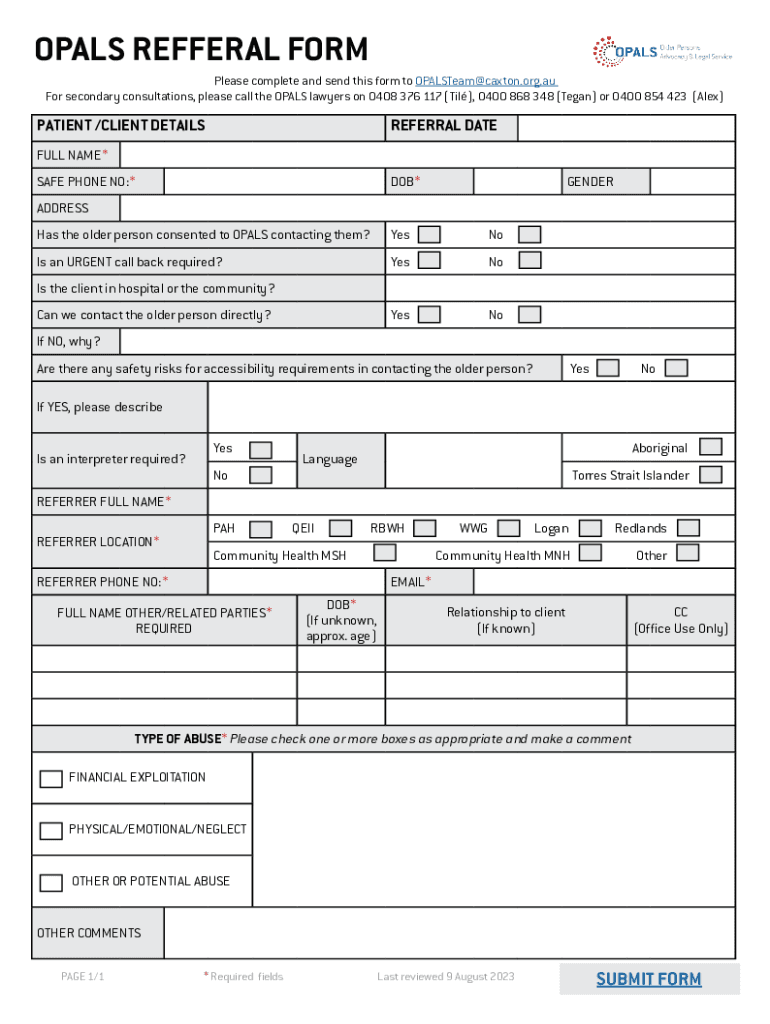 Fillable Online metrosouth health qld gov OPALS Referral Form - Older ...