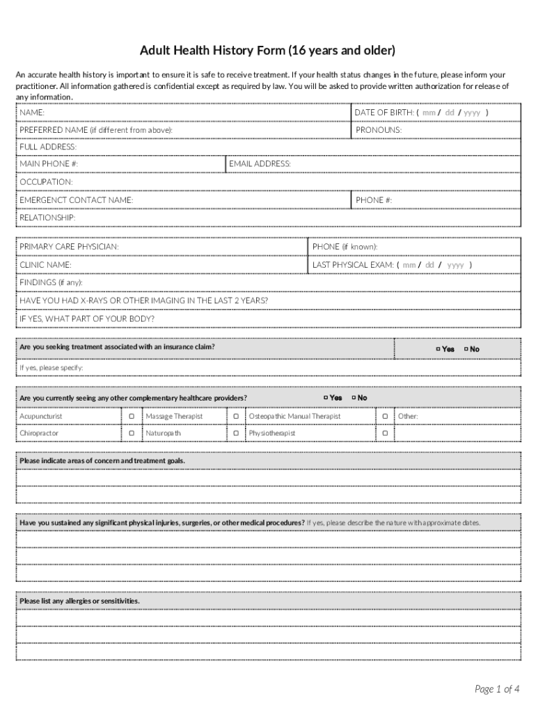 Fillable Online Adult Health History Form (16 years and older) Fax ...