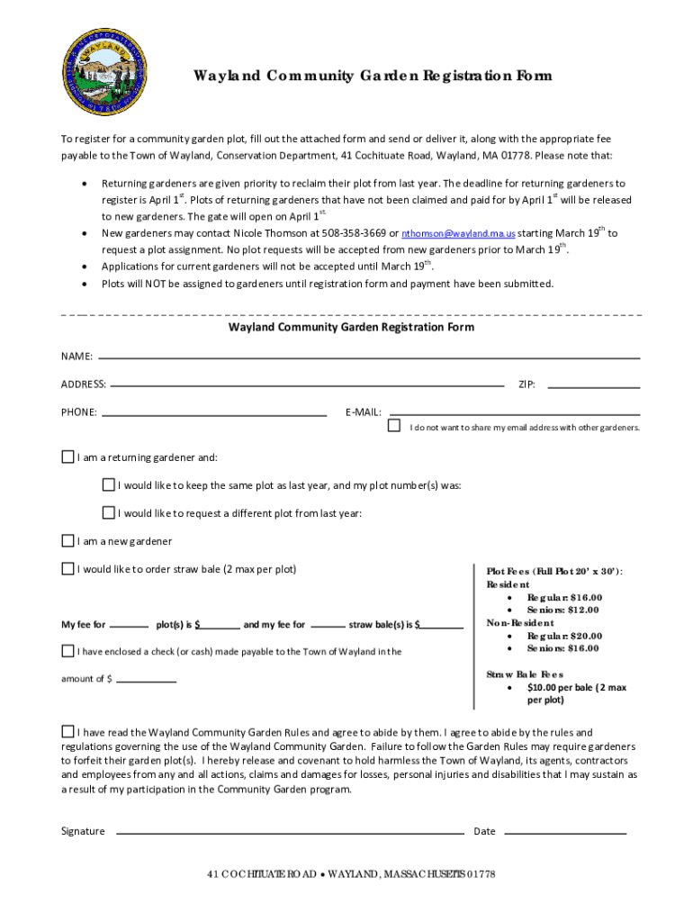 Fillable Online Wayland Community Garden Registration Form Fax Email ...