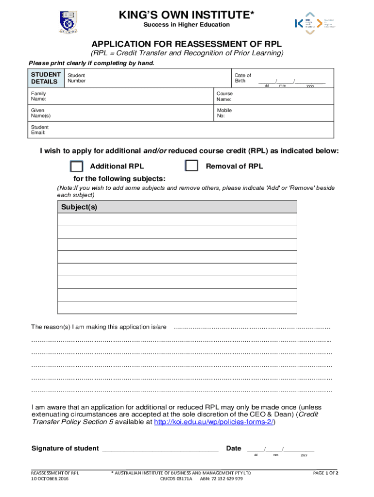 Fillable Online application HE RPL.pdf - Recognition of Prior Learning ...