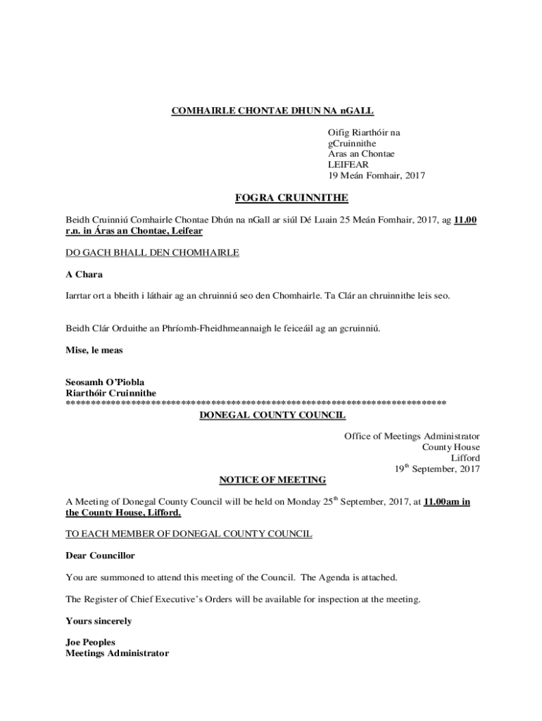 Fillable Online CHONTAE DHUN NA nGALL Oifig Riarthir na gCruinnithe ...