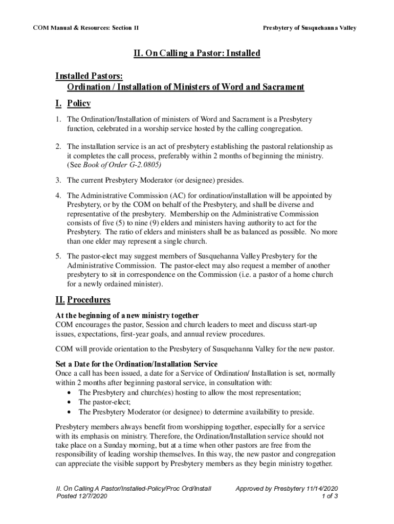 Fillable Online II. On Calling a Pastor: Installed Installed Pastors ...
