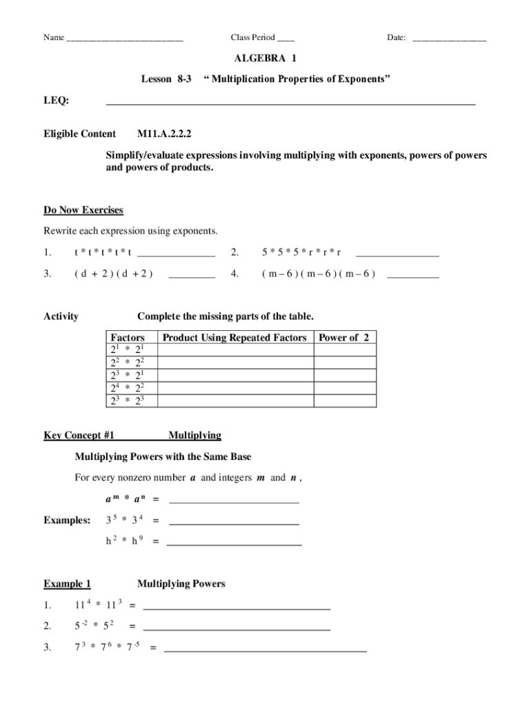 Fillable Online Exponents & radicalsAlgebra 1Math Fax Email Print - pdfFiller