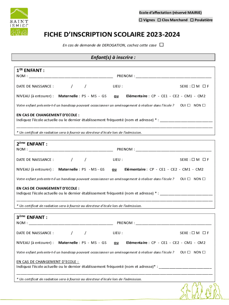 Remplissable En Ligne Fiche inscription scolaire2023-2024 Fax Email Imprimer - pdfFiller