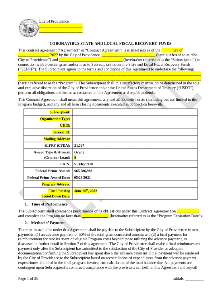 ARPA Subgrantee Agreement Template Doc Template | pdfFiller