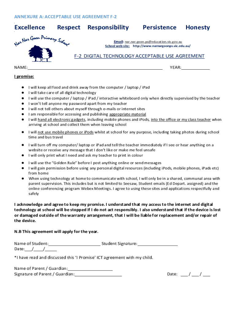 Fillable Online Excellence Respect Responsibility Persistence Honesty ...