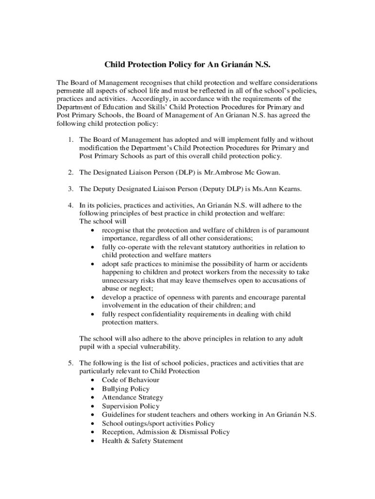 Fillable Online Child Safeguarding Statement - An Griann NS Fax Email ...