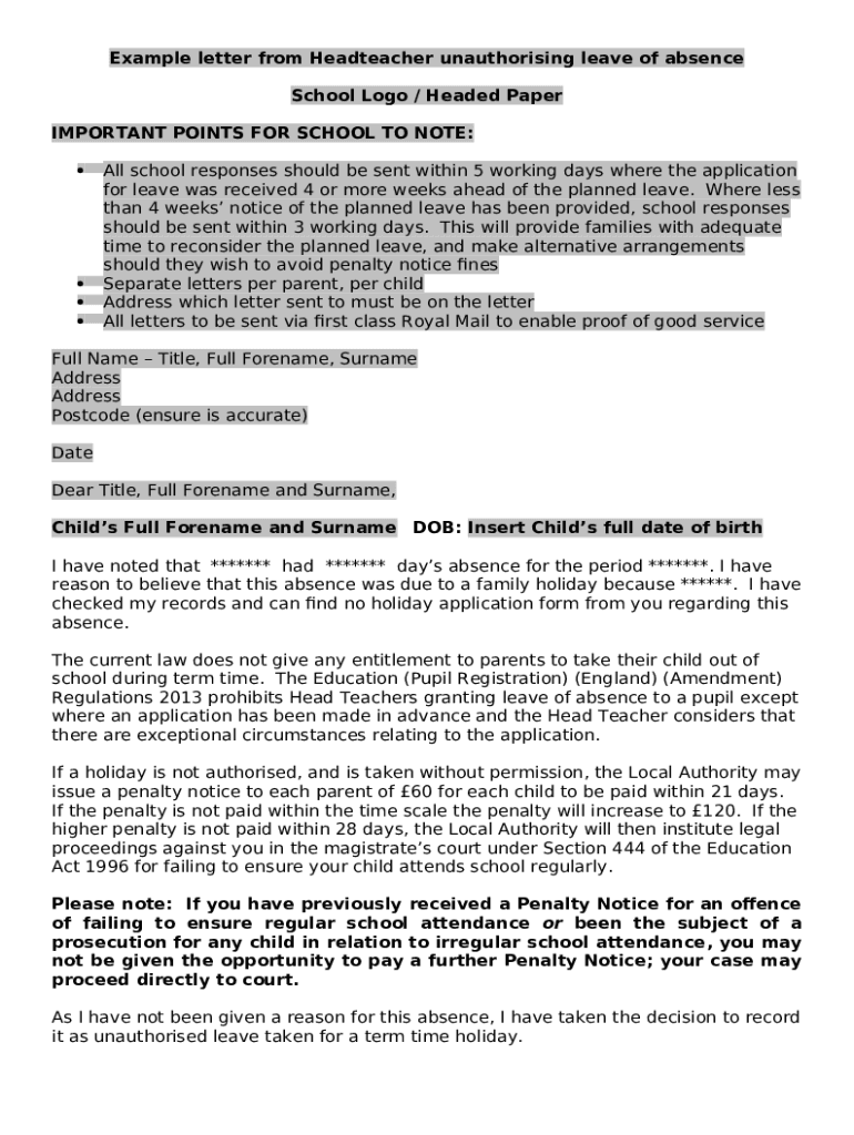 Example letter from Headteacher advising believe absence for a holiday - schools essex gov Doc ...