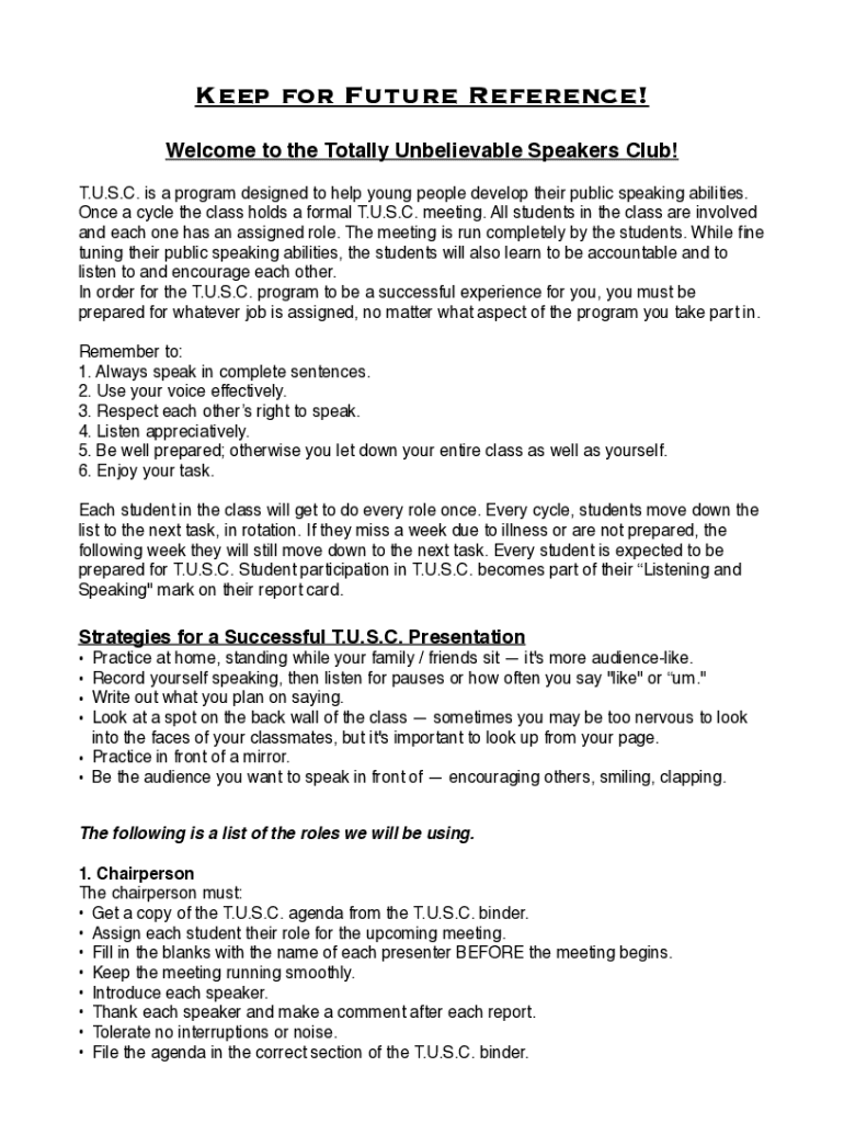 Fillable Online T.U.S.C. (Totally Unbelievable Speaking Club) Fax Email ...
