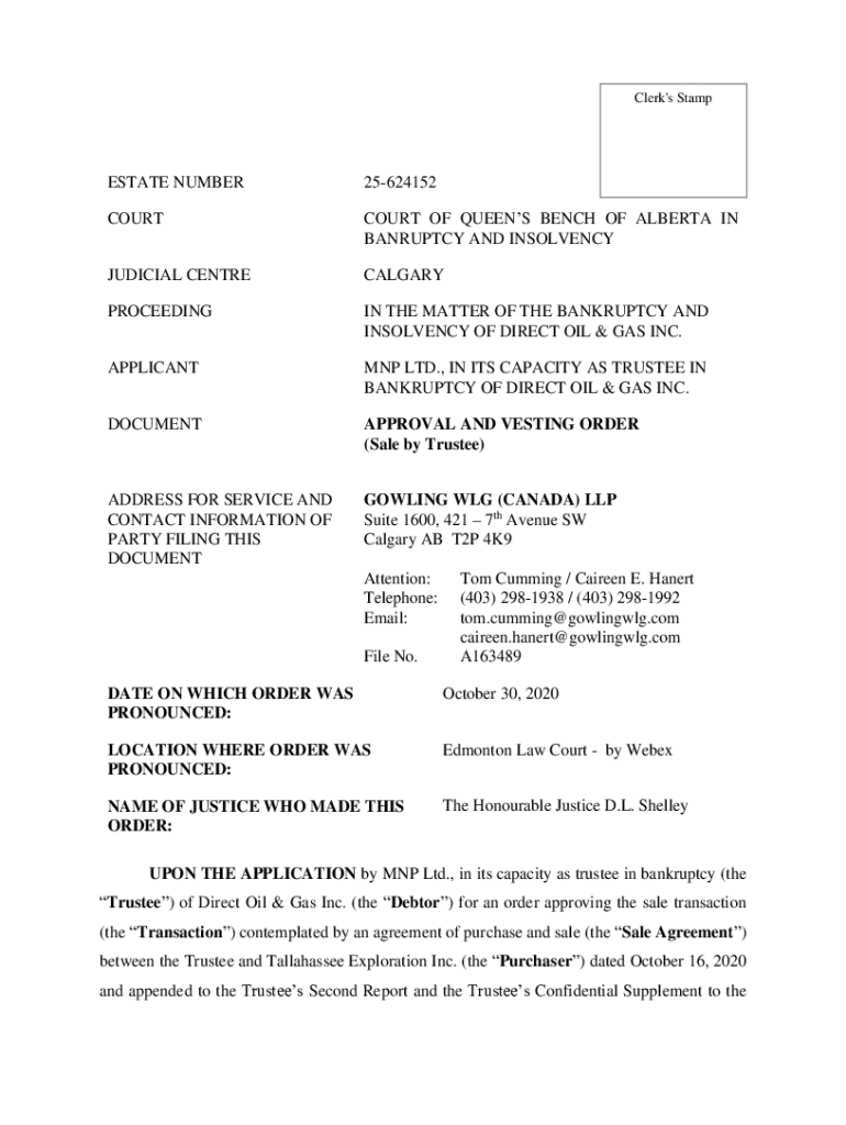 Fillable Online Sale Approval and Vesting Order - 2060547 Alberta Ltd ...