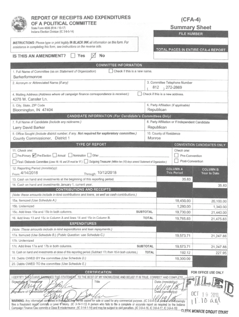 Fillable Online (CFA-4) Summary Sheet - Decatur County Indiana Fax ...