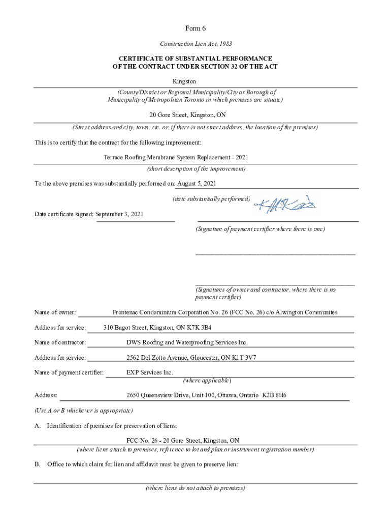 Fillable Online FORM 6 CERTIFICATE OF SUBSTANTIAL ... Fax Email Print - pdfFiller