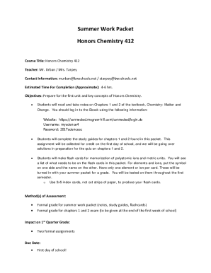 Fillable Online Summer Work Packet Honors Chemistry 412 Fax Email Print ...