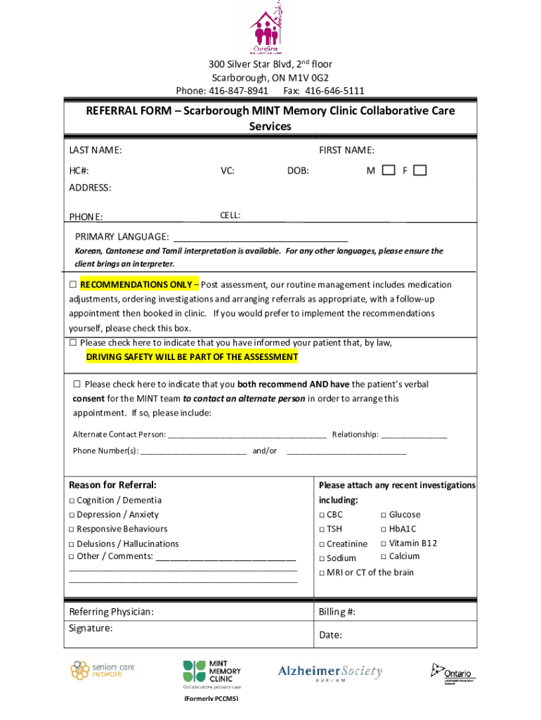 Fillable Online REFERRAL FORMScarborough MINT Memory Clinic ... Fax ...