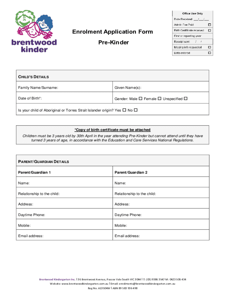 Fillable Online Enrolment Application Form Pre-Kinder Fax Email Print ...