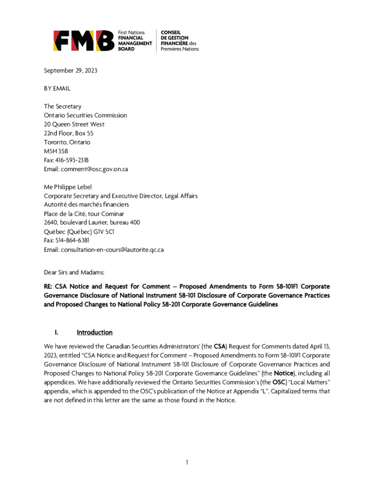 Fillable Online Geordie Hungerford (FMB) letter of September 29, 2023, re Proposed Amendments to ...