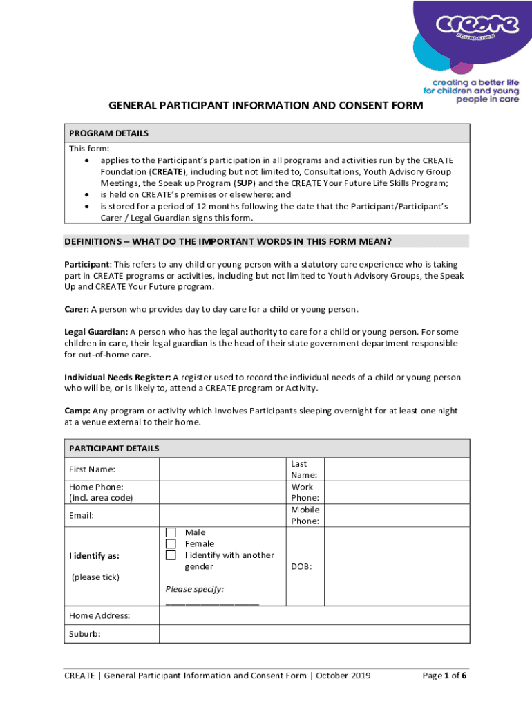 Fillable Online GENERAL PARTICIPANT INFORMATION AND CONSENT FORM Fax ...