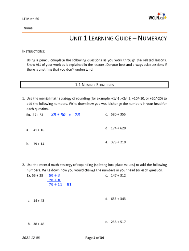 Fillable Online Unit 1learning Guide Numeracy Fax Email Print Pdffiller