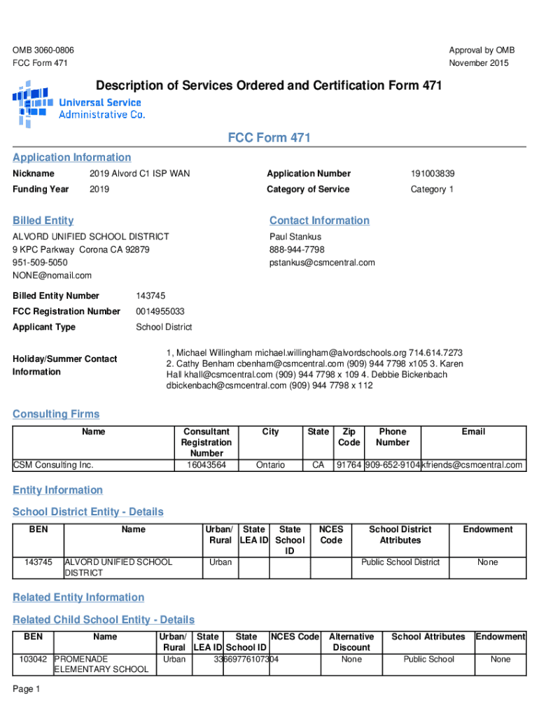 Fillable Online FCC Form 471 Descripton of Services Ordered and ... Fax ...