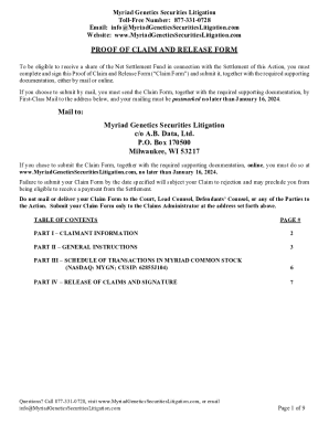 Fillable Online Myriad - Proof of Claim and Release Form Fax Email ...