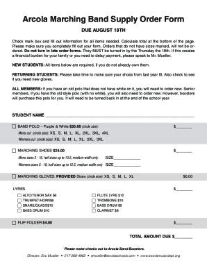 Fillable Online Arcola Marching Band Supply Order Form Fax Email Print ...