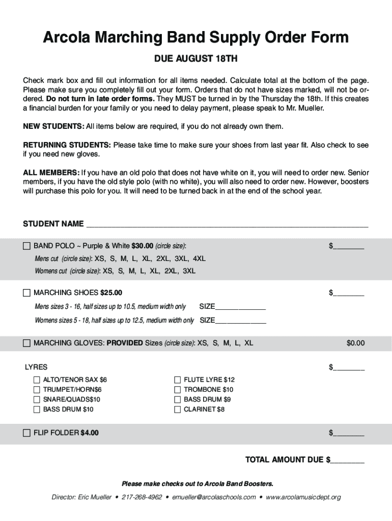 Fillable Online Arcola Marching Band Supply Order Form Fax Email Print ...