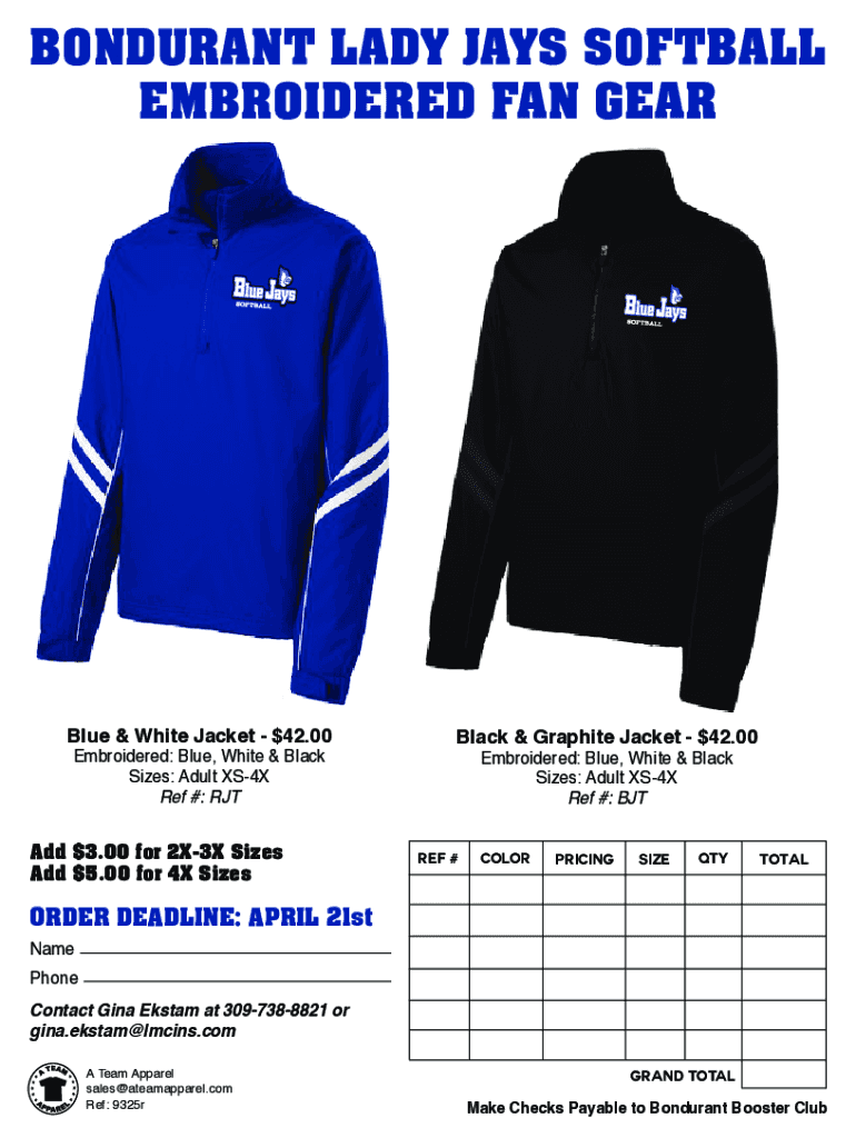 Fillable Online 9325r Lady Blue Jays Embroidery Softball Fan Gear Order ...