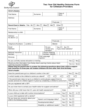 Fillable Online Two Year Old Healthy Outcome Form for Childcare ...