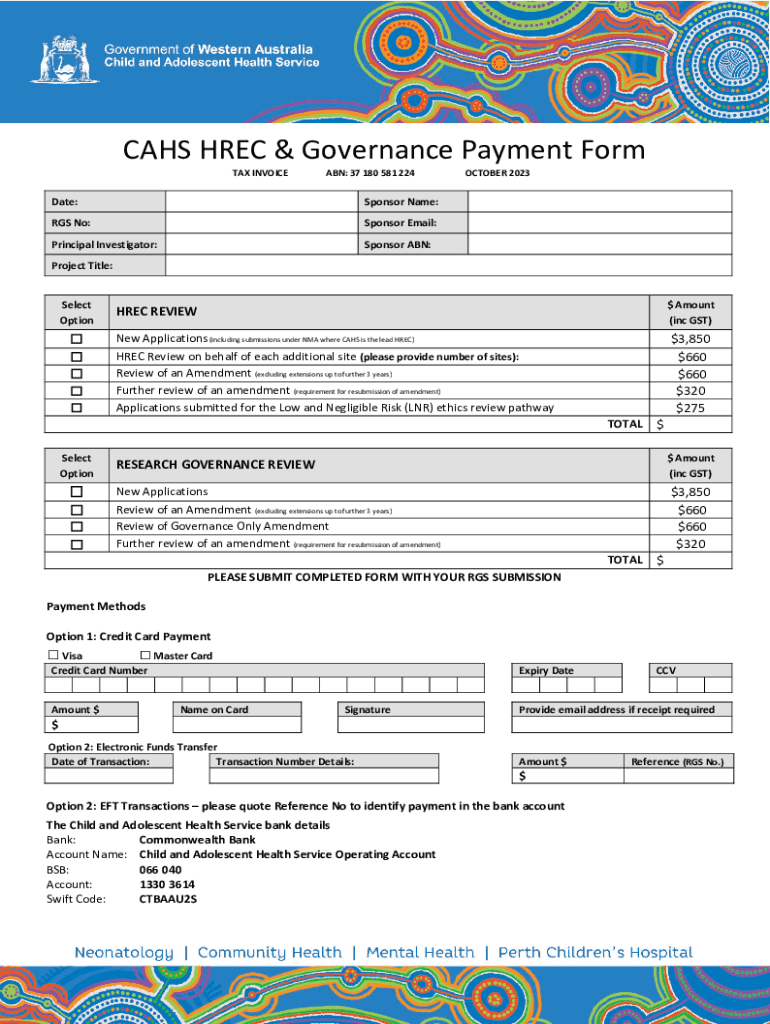 Fillable Online CAHS HREC & Governance Payment Form Fax Email Print - pdfFiller
