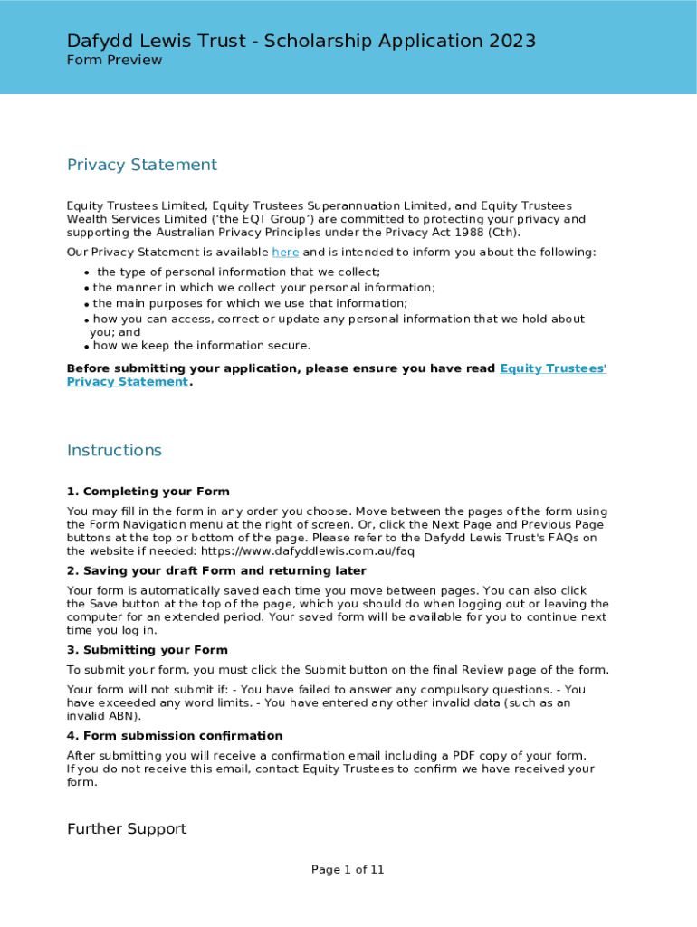 Fillable Online The Dafydd Lewis Trust Application For Scholarship Fax ...