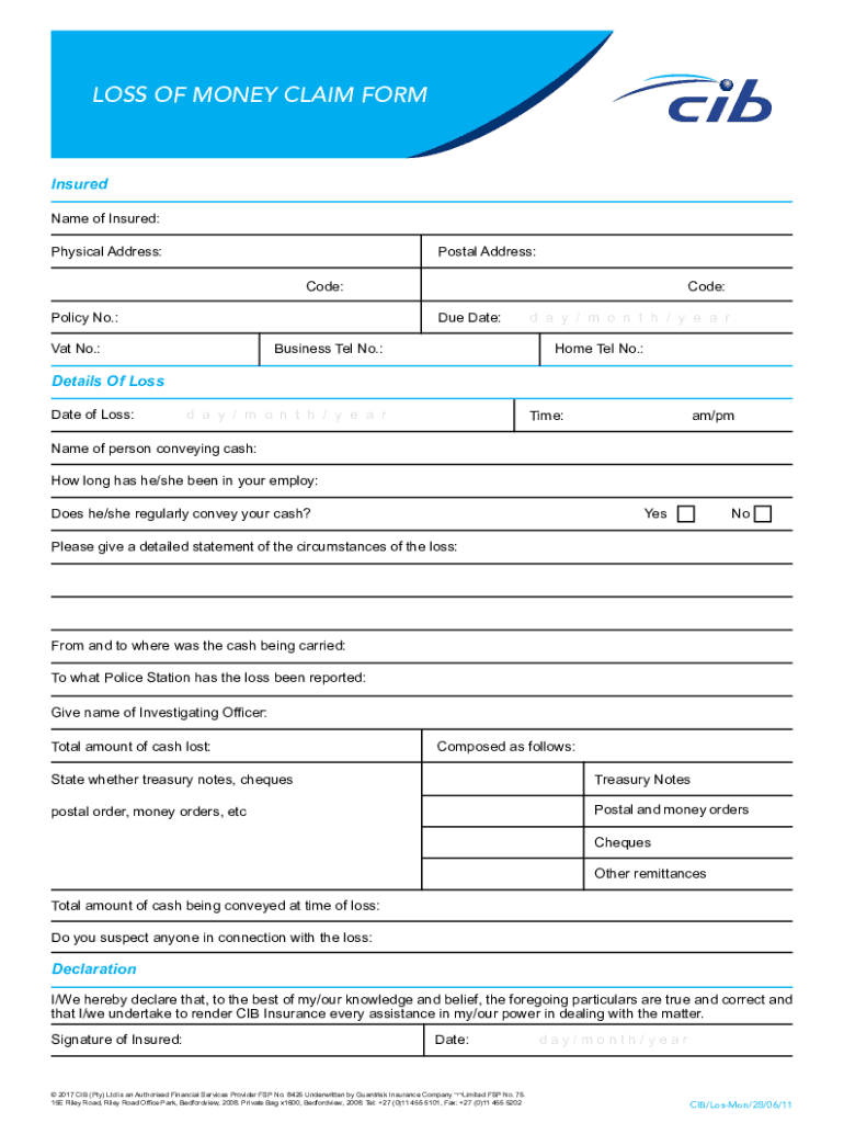 Fillable Online LOSS OF MONEY CLAIM FORM - Phoenix Risk Solutions Fax ...