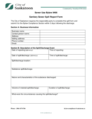 Fillable Online Sewer Use Bylaw 9466 Sanitary Sewer Spill Report Form ...