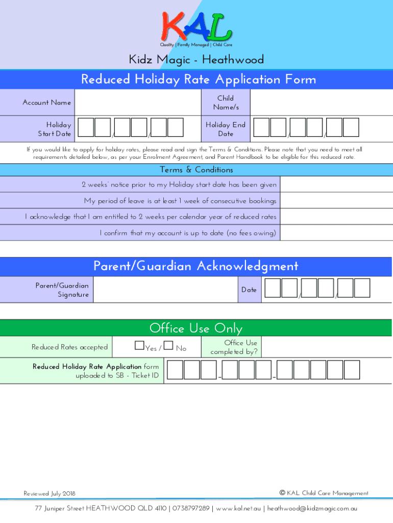 Fillable Online Reduced Holiday Rate Application Form Fax Email Print ...