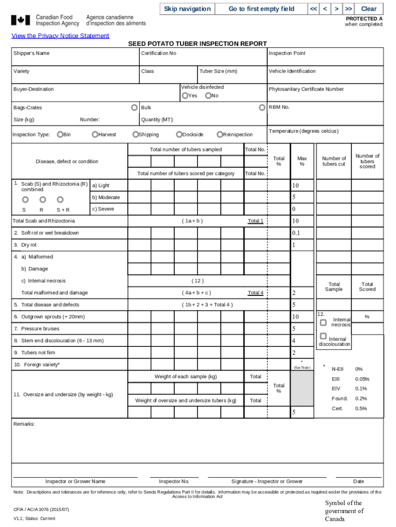 Fillable Online Seed Potato Tuber Inspection Report. Seed Potato Tuber ...