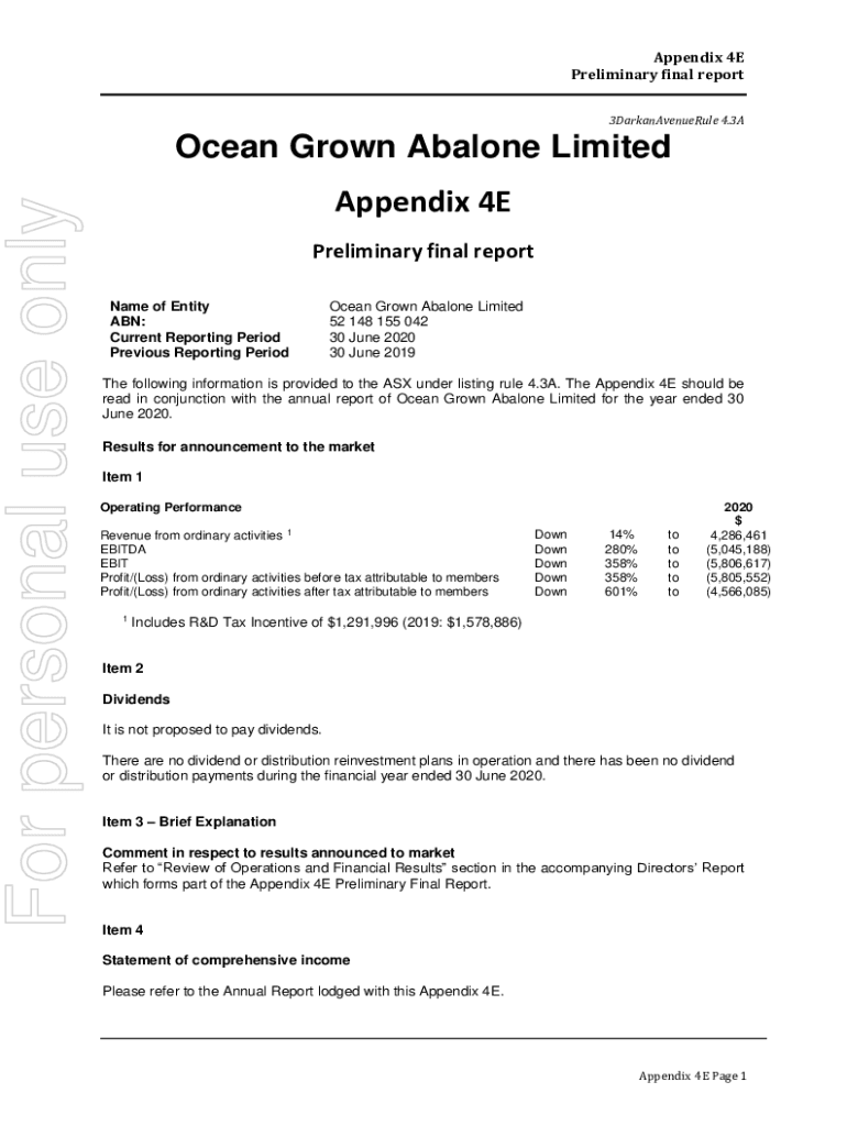 Fillable Online Ocean Grown Abalone Limited Appendix 4E Fax Email Print ...