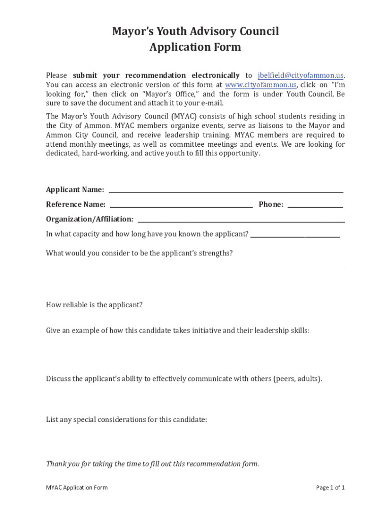 Fillable Online Mayor's Youth Advisory Council Application Form Fax ...