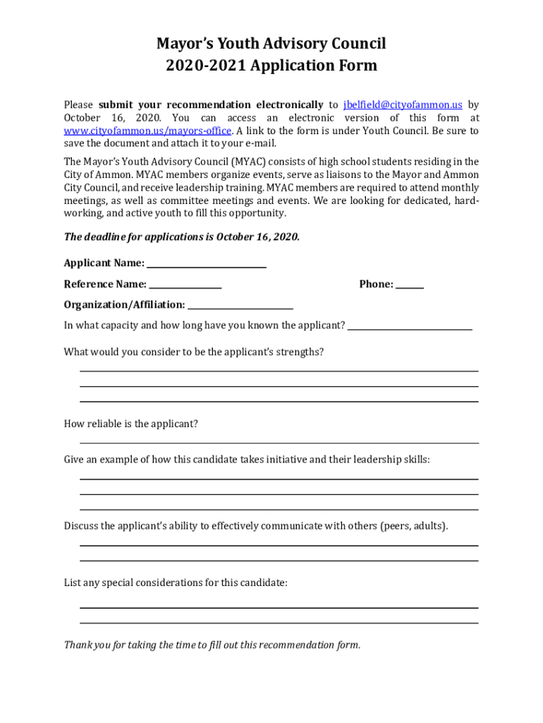 Fillable Online Mayor's Youth Advisory Council 2020-2021 Application ...