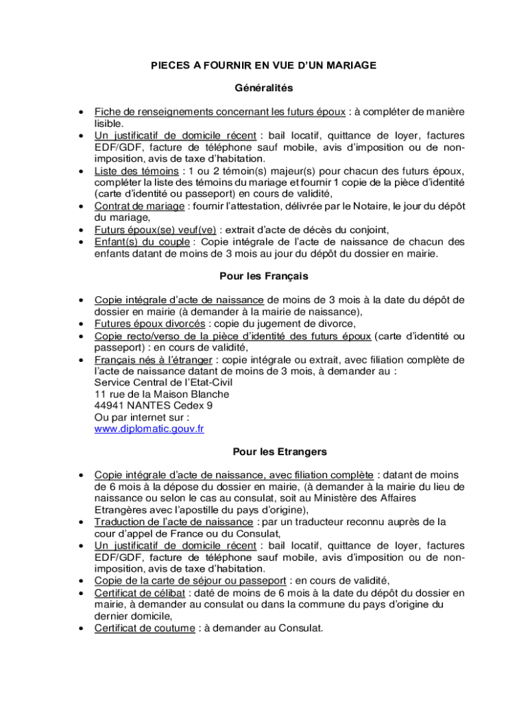 Remplissable En Ligne PIECES A FOURNIR EN VUE D'UN MARIAGE Gnralits Fax Email Imprimer - pdfFiller
