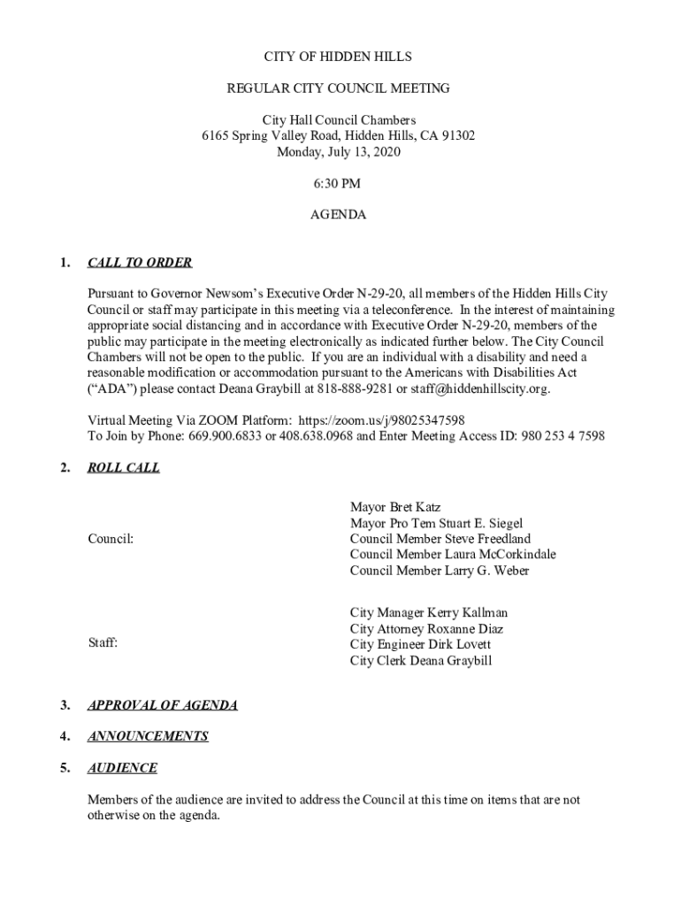 Fillable Online d3n9y02raazwpg cloudfront Hidden Hills City Agenda ...