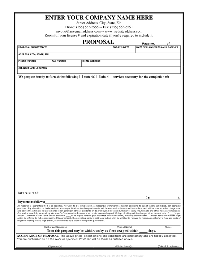 Fillable Online Fillable Proposal Bid Form Style #5 with standard terms and conditions and ...