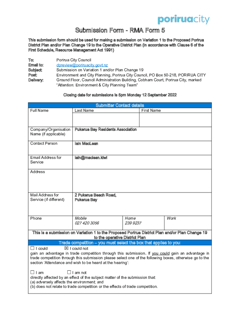 Fillable Online Submission Form - RMA Form 5 - Pukerua Bay, New Zealand ...