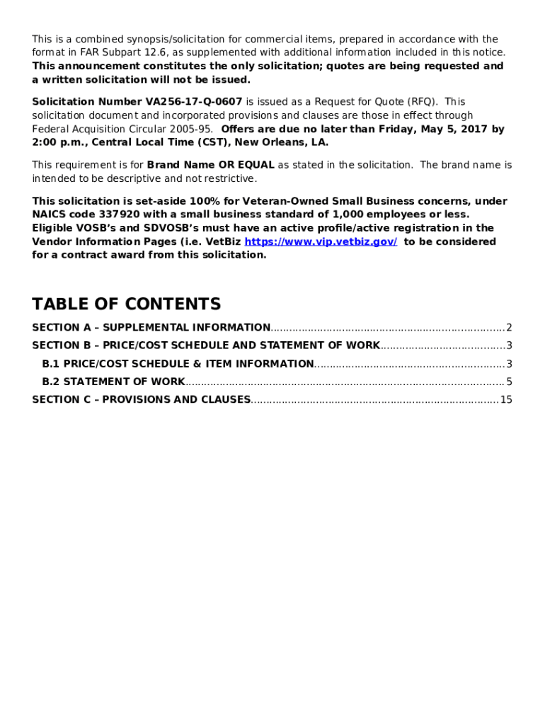 Solicitation Number VA256-17-Q-0607 is issued as a Request for Quote (RFQ) Doc Template | pdfFiller