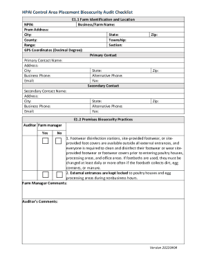 Fillable Online HPAI Control Area Placement Biosecurity Audit Checklist Fax Email Print - pdfFiller