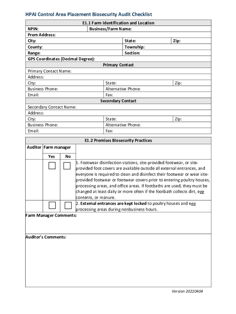 Fillable Online HPAI Control Area Placement Biosecurity Audit Checklist ...