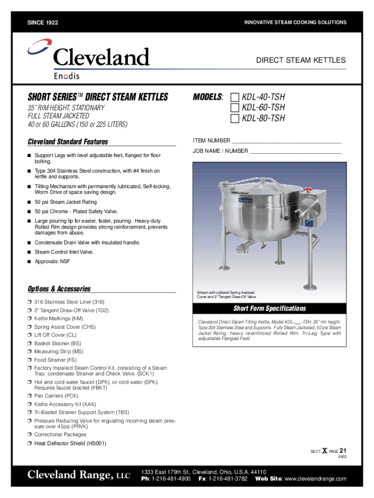 Fillable Online KDL: Direct steam kettles, Tri-leg or Pedestal ...